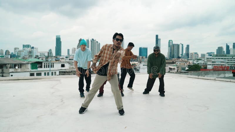 Profession Break Dancer Practice B-boy Dance with Friends at Roof Top ...