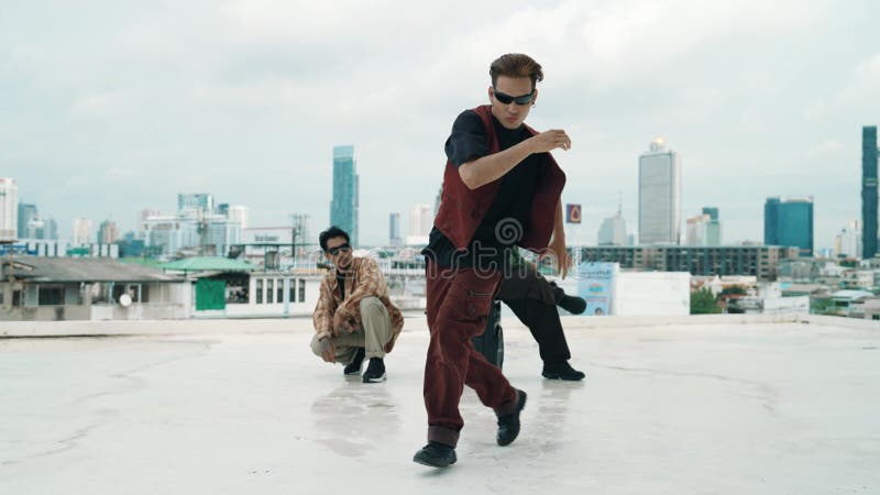 Profession Break Dancer Practice B-boy Dance with Friends at Roof Top ...