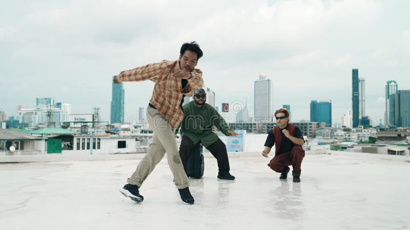 Profession Break Dancer Practice B-boy Dance with Friends at Roof Top ...