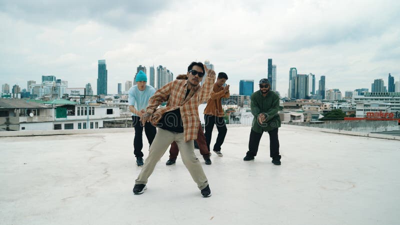 Profession Break Dancer Practice B-boy Dance with Friends at Roof Top ...