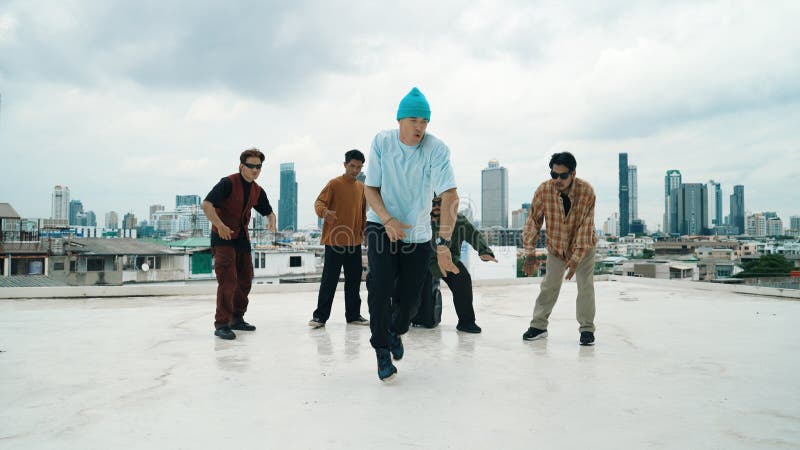 Profession Break Dancer Practice B-boy Dance with Friends at Roof Top ...