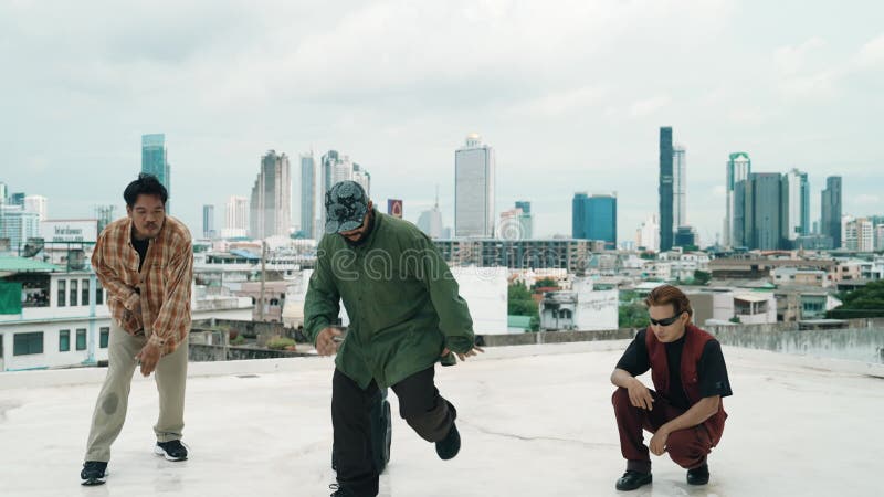 Profession Break Dancer Practice B-boy Dance with Friends at Roof Top ...