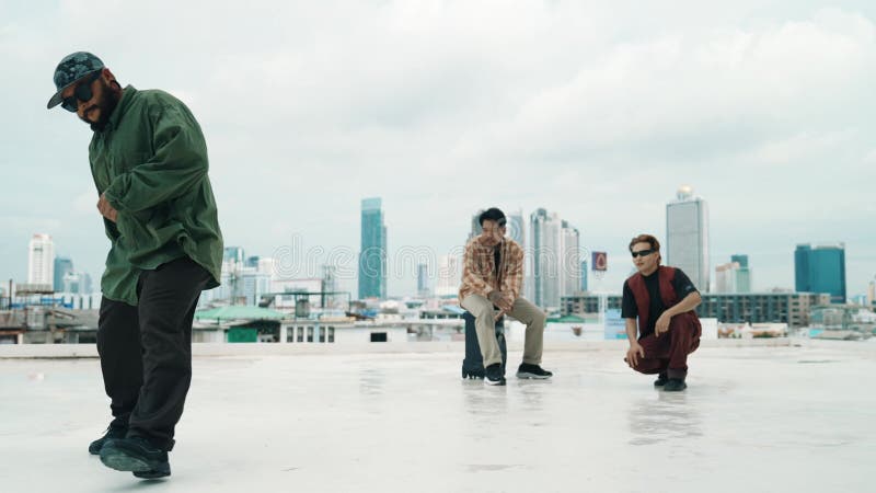 Profession Break Dancer Practice B-boy Dance with Friends at Roof Top ...