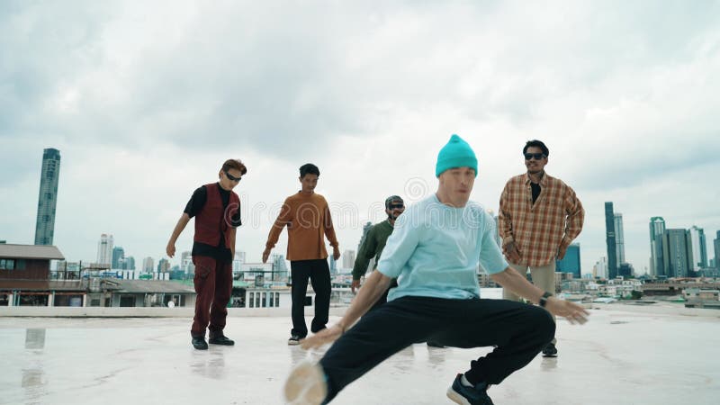 Profession Break Dancer Practice B-boy Dance with Friends at Roof Top ...