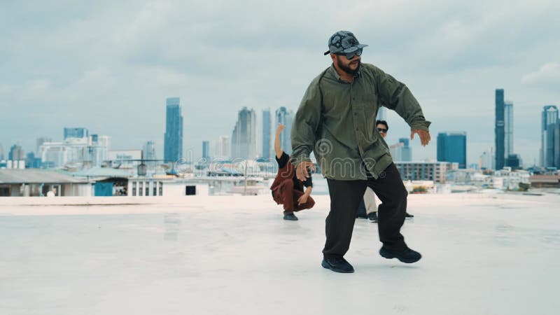 Profession Break Dancer Practice B-boy Dance with Friends at Roof Top ...