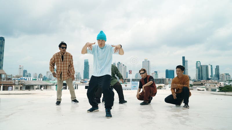 Profession Break Dancer Practice B-boy Dance with Friends at Roof Top ...