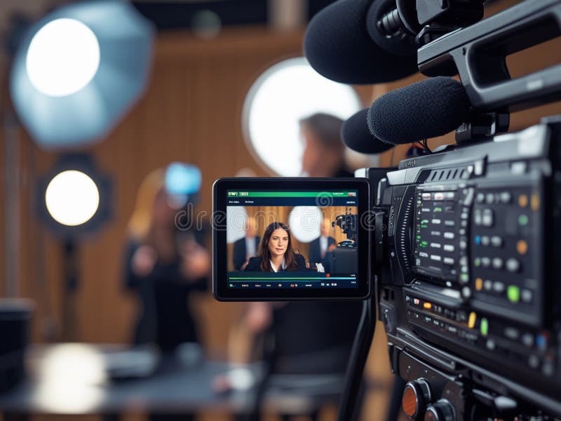 Professional Broadcast Camera Filming Interview Live in Modern TV Media ...