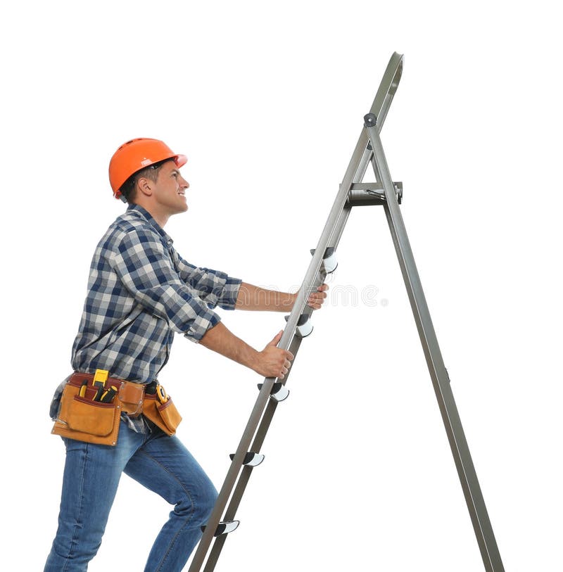 Professional Builder Climbing Up Metal Ladder on White Background Stock ...