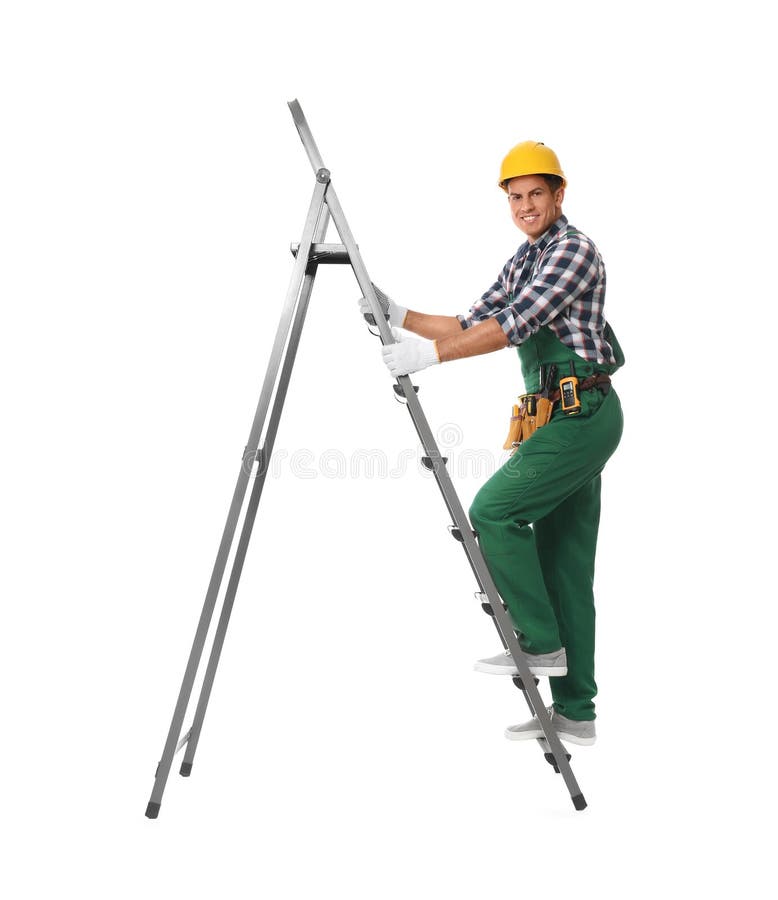 Professional Builder Climbing Up Metal Ladder on White Background Stock ...