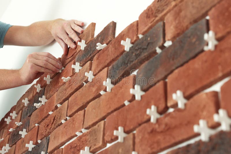 Professional Builder Gluing Decorative Brick on Wall, Closeup. Tiles ...