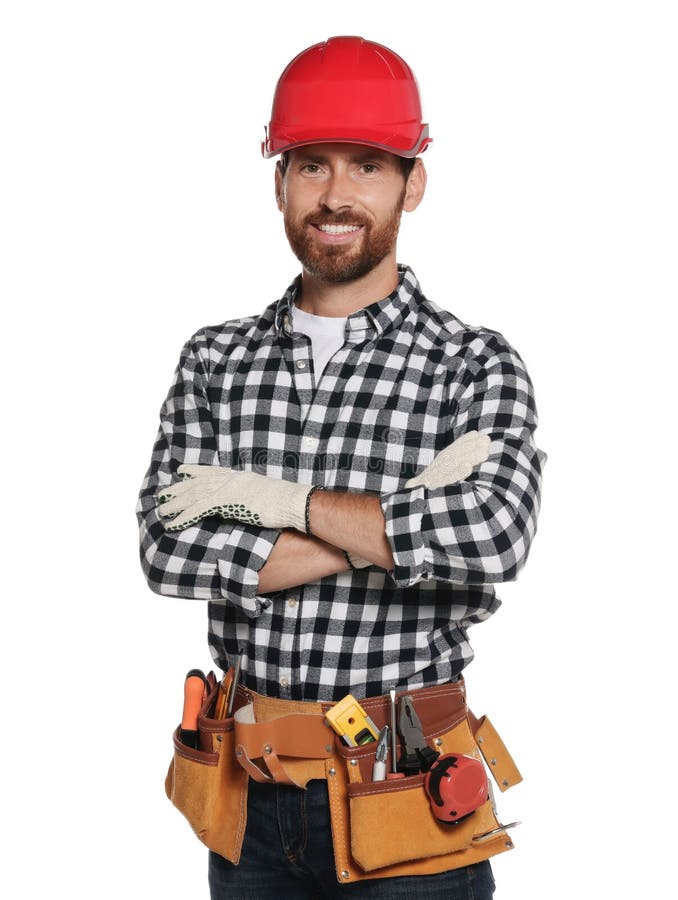 Professional Builder in Hard Hat with Tool Belt Isolated on White Stock ...