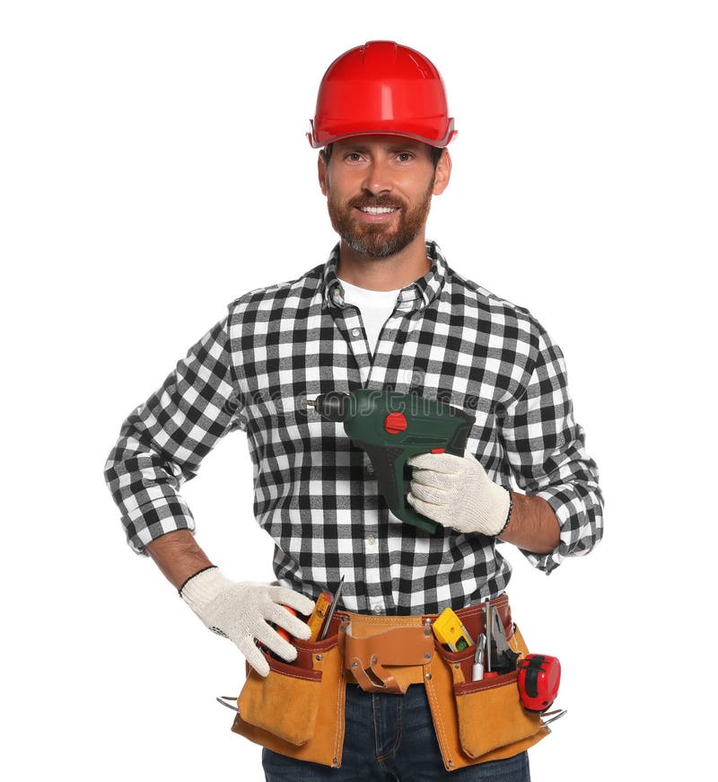 Professional Builder in Hard Hat with Tool Belt and Power Drill ...