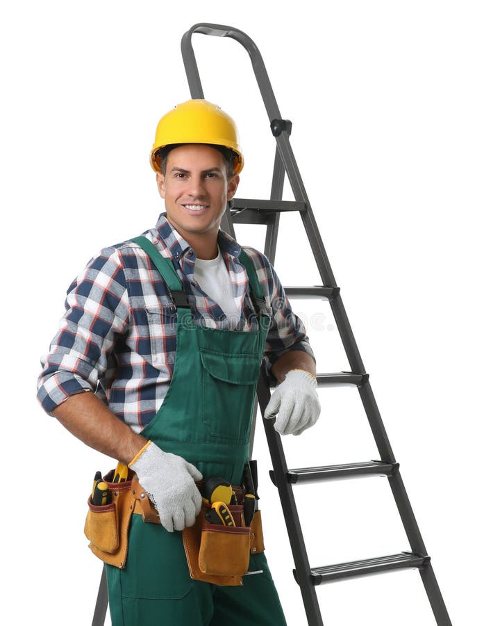 Professional Builder Near Metal Ladder on White Background Stock Photo ...