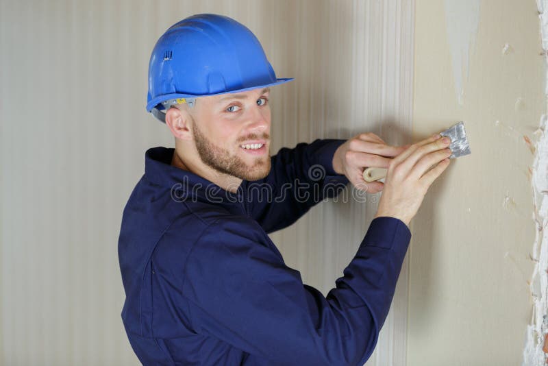 Professional Builder Plastering Wall with Plastering Float Stock Photo ...