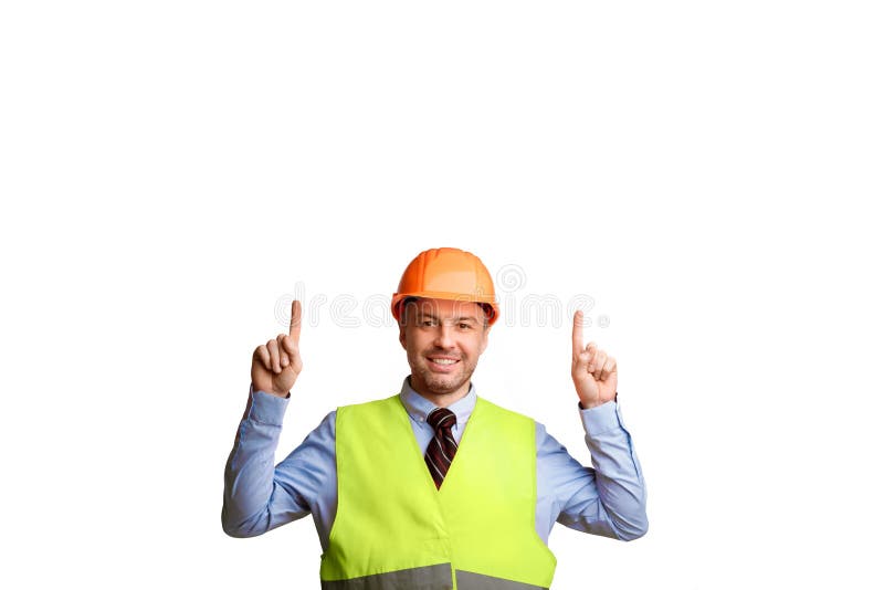 Professional Builder Pointing Fingers Upward Posing on White Studio ...