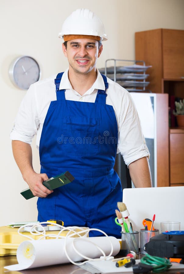 Professional Builder Preparing for Call in Design Office Stock Image ...