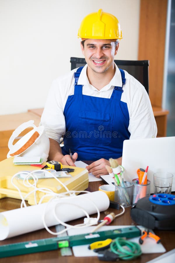 Professional Builder Preparing for Call in Design Office Stock Image ...