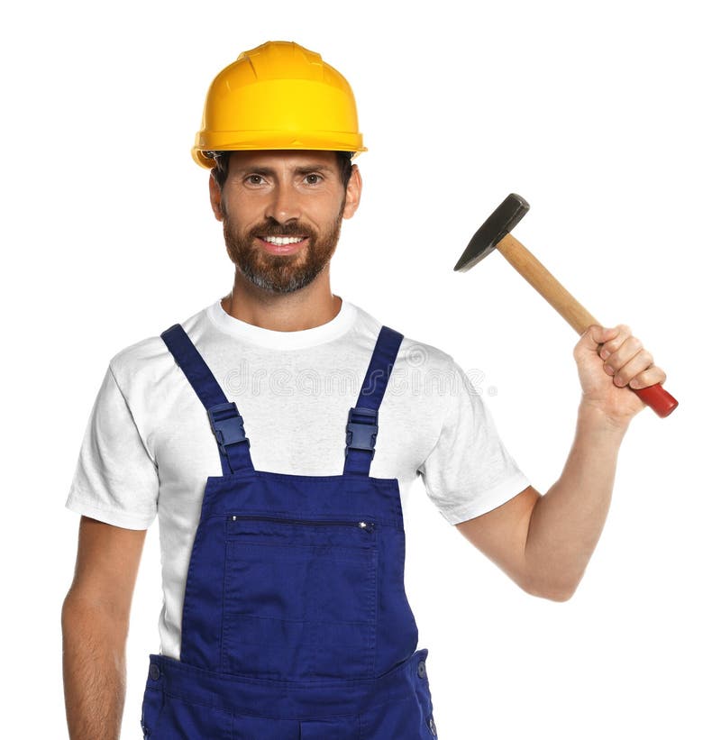Professional Builder in Uniform with Hammer Isolated on White Stock ...