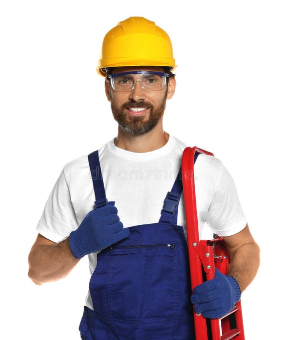 Professional Builder in Uniform with Step Ladder Isolated on White ...