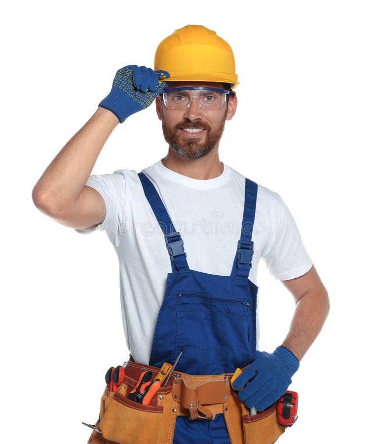 Professional Builder in Uniform with Tool Belt Isolated on White Stock ...