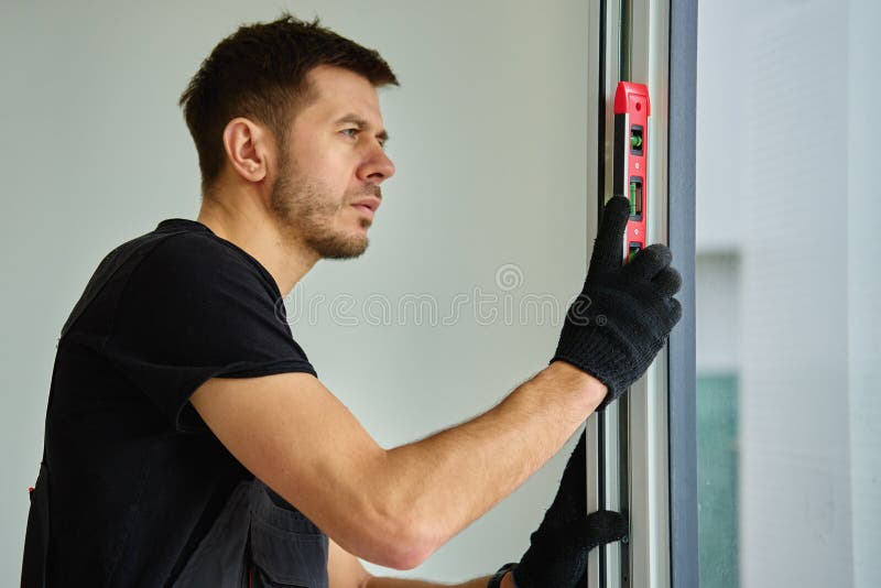 Construction Worker Checking Window Level Spirit Installation Stock ...
