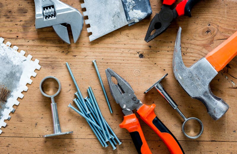 Professional Builder Work with House Renovation Instruments on Wooden ...