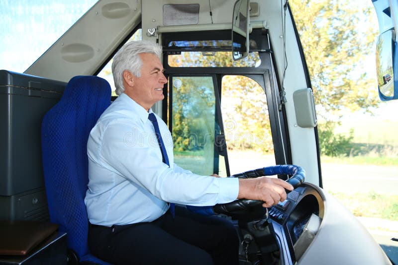 Professional Bus Driver at Steering Wheel Stock Image - Image of senior ...