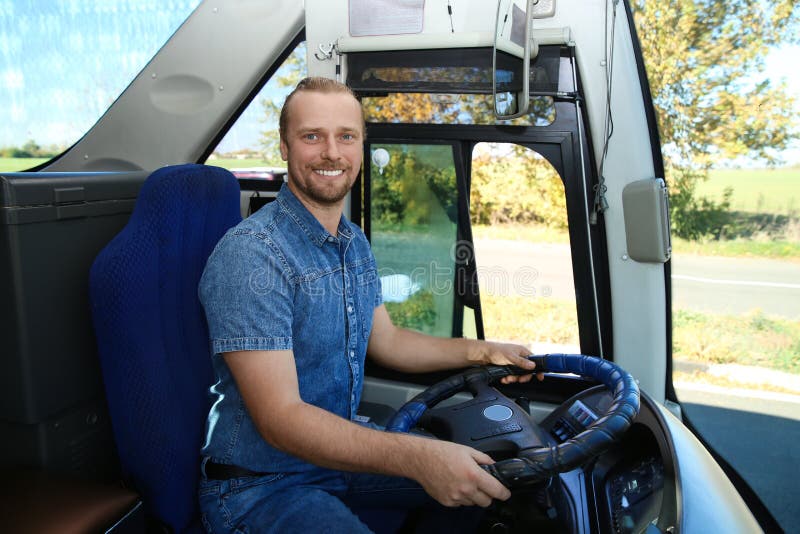 Professional Bus Driver at Steering Wheel Stock Photo - Image of public ...