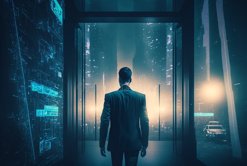 Professional Business Man Walking on Future Network City. Illustration ...