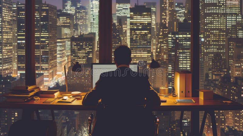 Back View of Business Man Working while Using Computer at Night Office ...