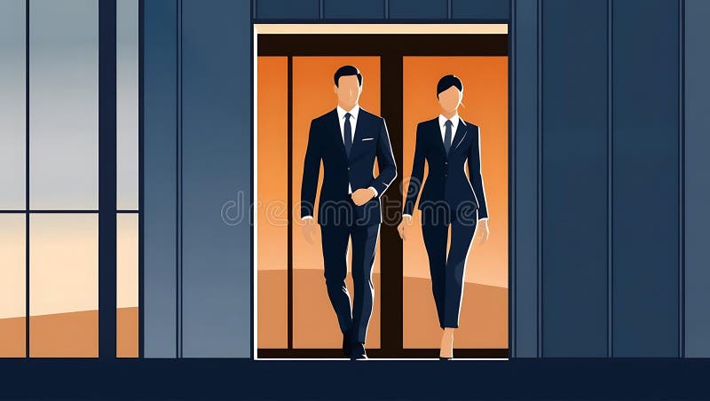Professional Business Team Exiting Elevator in Modern Office Building with Stylish Business ...