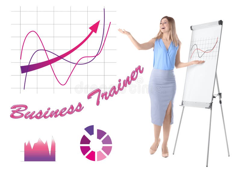 Business Trainer Giving Presentation and Graphics Against White ...