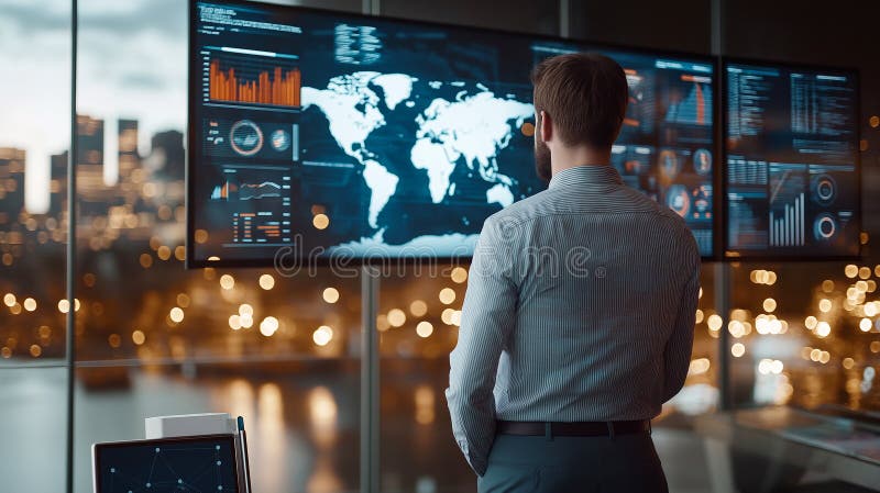 Professional Businessman Analyzes Data on Large Screens in Modern ...