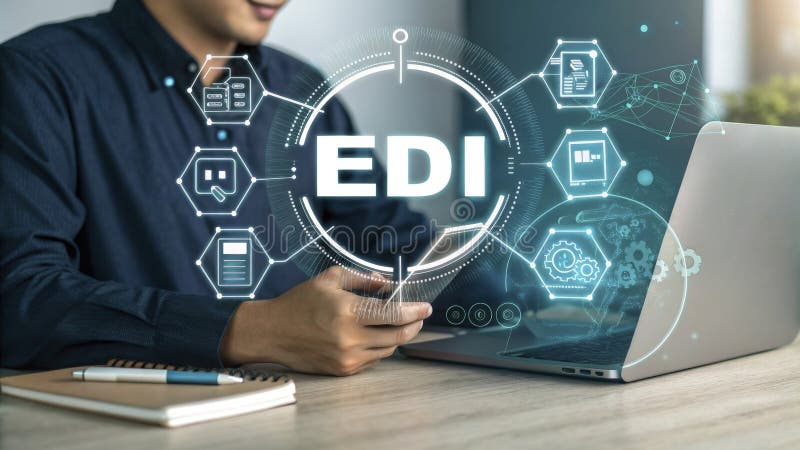 Professional Businessman Analyzing Digital Workflow, Utilizing Laptop and Smartphone with EDI ...