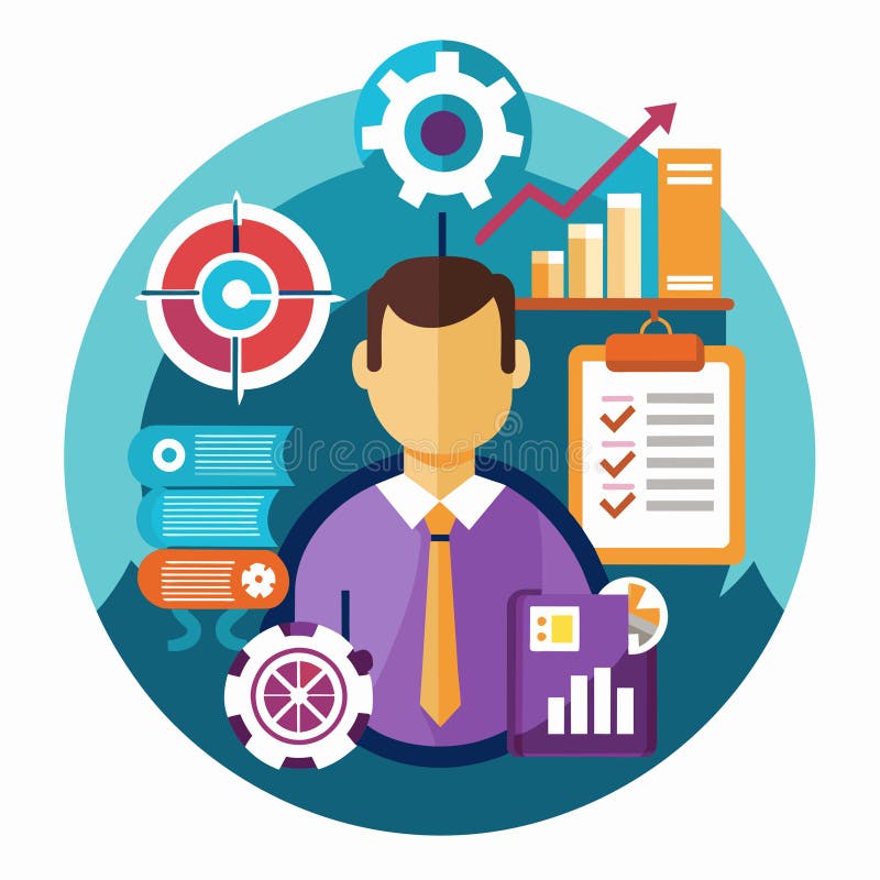 Professional Businessman Character Illustration with Target, Gear ...