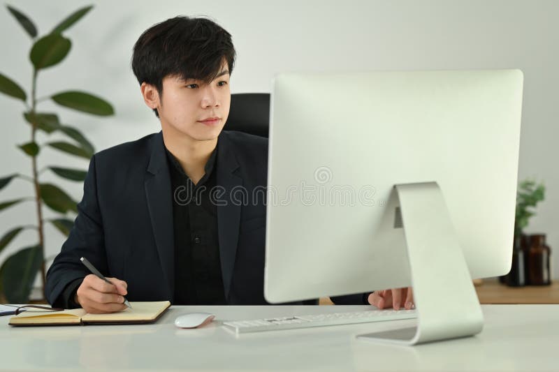 Professional Businessman, Project Owner Looking at Computer Monitor ...