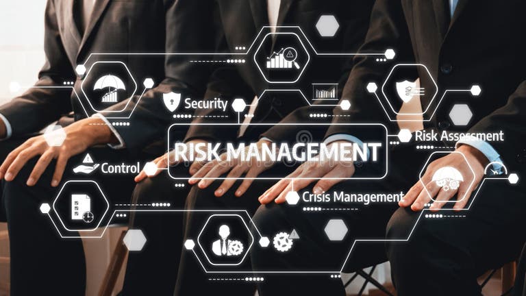 Professional Businessmen in Suits Engaged in Risk Management Strategies with Interactive Digital ...