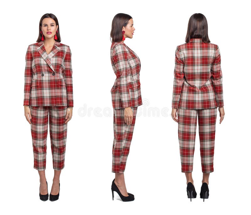 Businesswoman in Chequer Suit Front, Side, Back View, Isolated on White ...