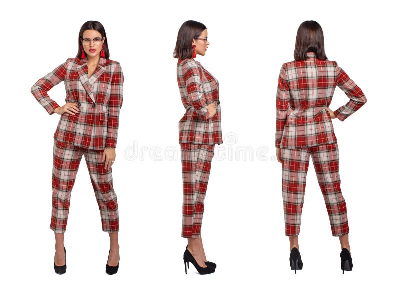 Businesswoman in Chequer Suit Front, Side, Back View, Isolated on White ...