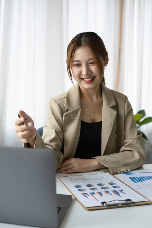 Businesswoman Working at Her Office Via Laptop Computer. Stock Image ...