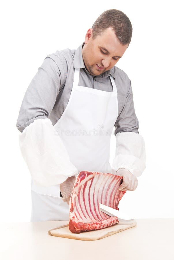 Professional Butcher Cutting Ribs on Board. Stock Photo - Image of ...