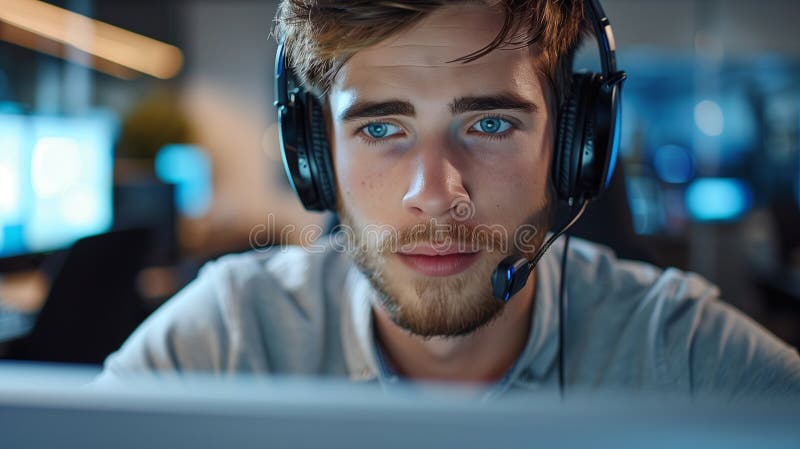 Professional Call Center Agent with a Headset, Focused on His Computer ...