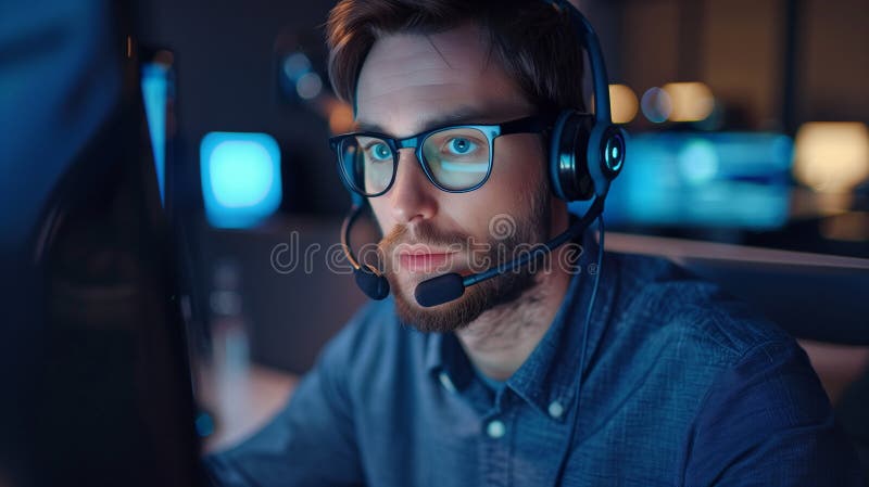 Professional Call Center Agent with a Headset, Focused on His Computer ...