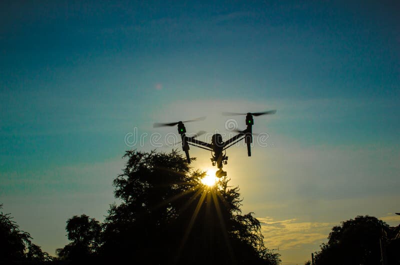 Professional Camera Drone Flying and Sunset. Stock Image - Image of ...