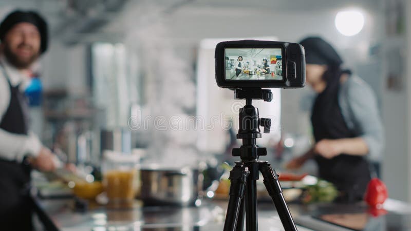 Professional Camera Filming Culinary Class on Online Cooking Show Stock ...