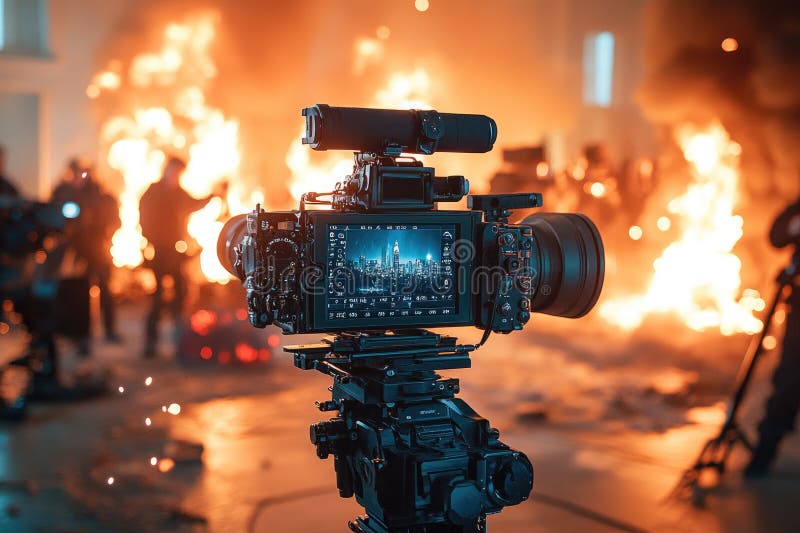 Professional Camera Filming a Simulated Explosion Scene Stock ...