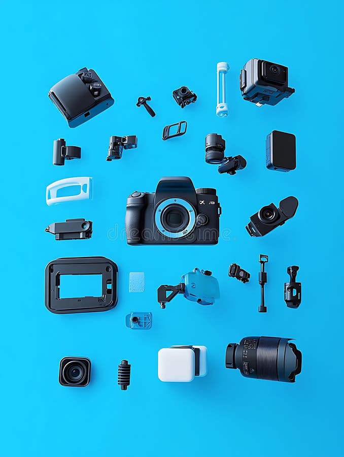 Professional Camera Gear Display with Accessories on Vibrant Blue ...