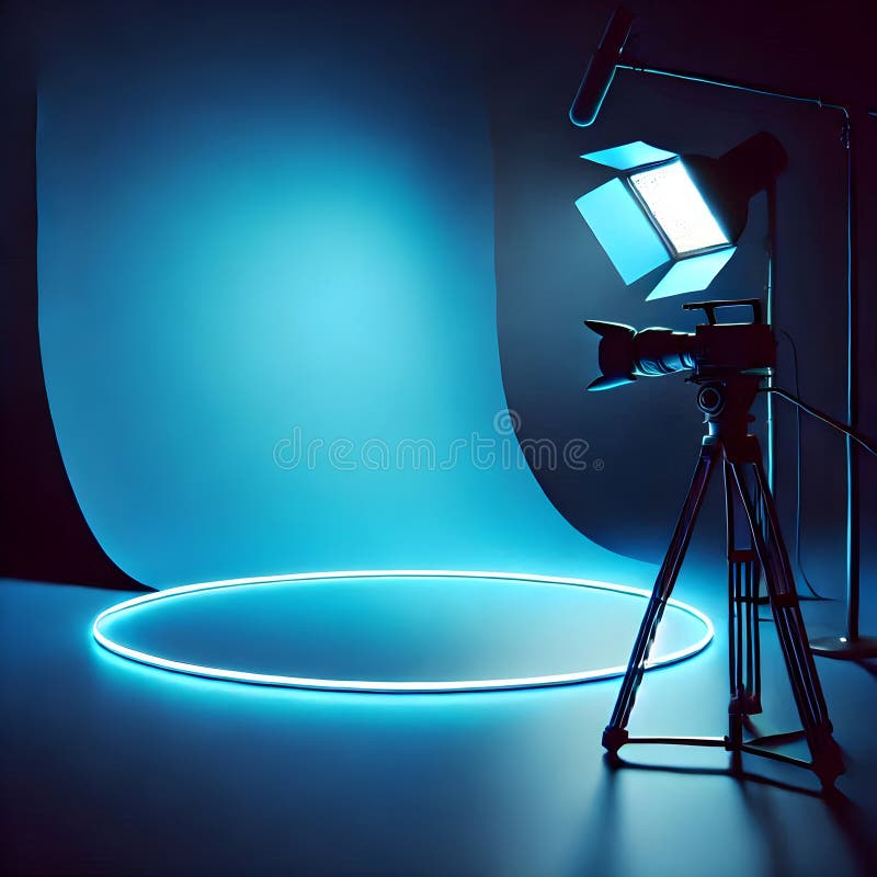 Professional Camera and Led Panel Lighting Empty Blue Neon Studio Stock ...