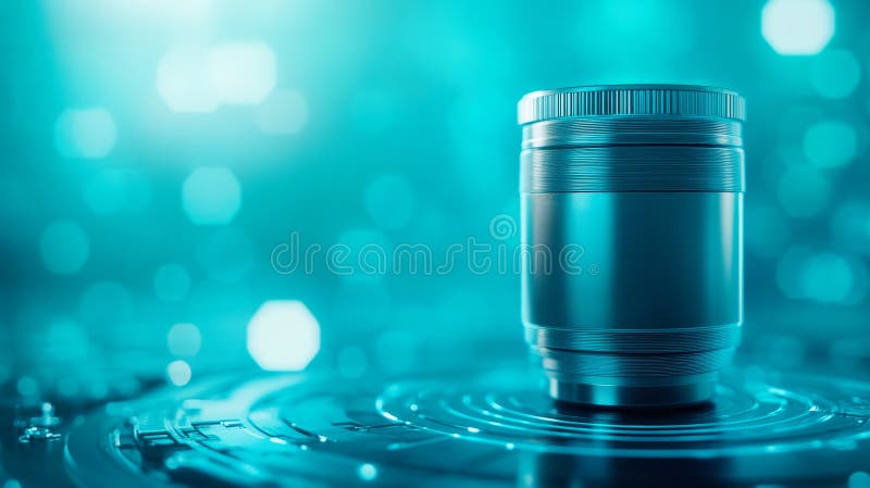 Professional Camera Lens on Blue Abstract Background with Bokeh Effects ...
