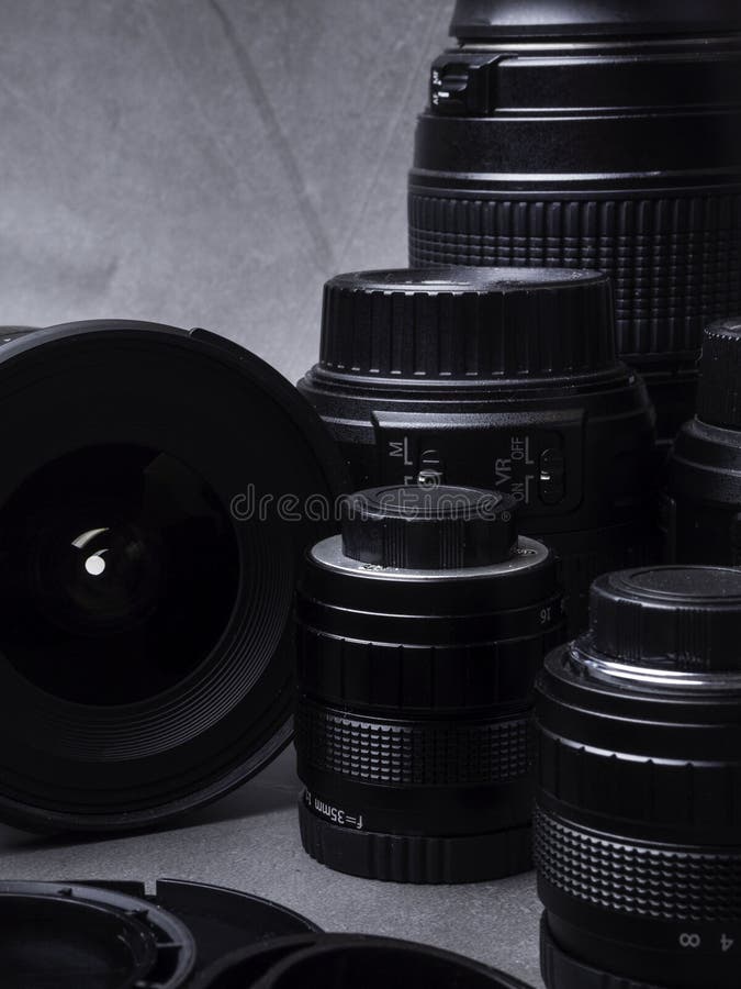 Professional Camera Lenses on a Grey Background Stock Image - Image of ...